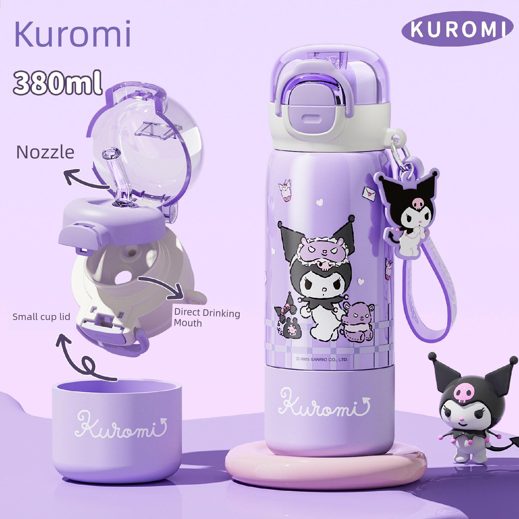 Термос-бутылка Kuromi для детей 380 мл, милая школьная кружка для девочек, без БПА, нержавеющая сталь, прочная