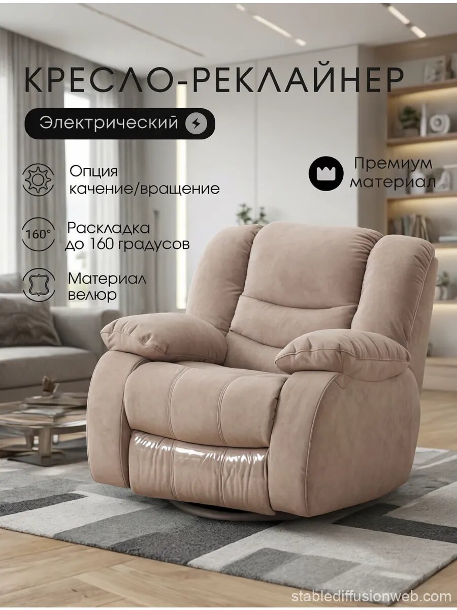 Электрическое кресло реклайнер Монруж с функциями качания и вращения, бежевое велюр, кресло для отдыха, кресло для дома