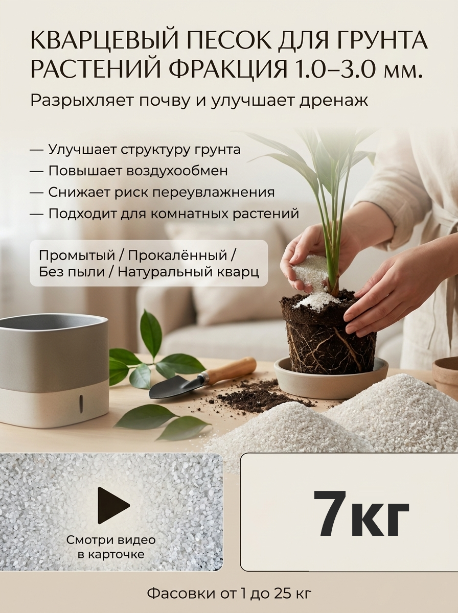Дренаж для растений 1.0-3.0 мм, кварцевый песок, средняя фракция, добавка в грунт, улучшает дренаж и воздух, 7 кг