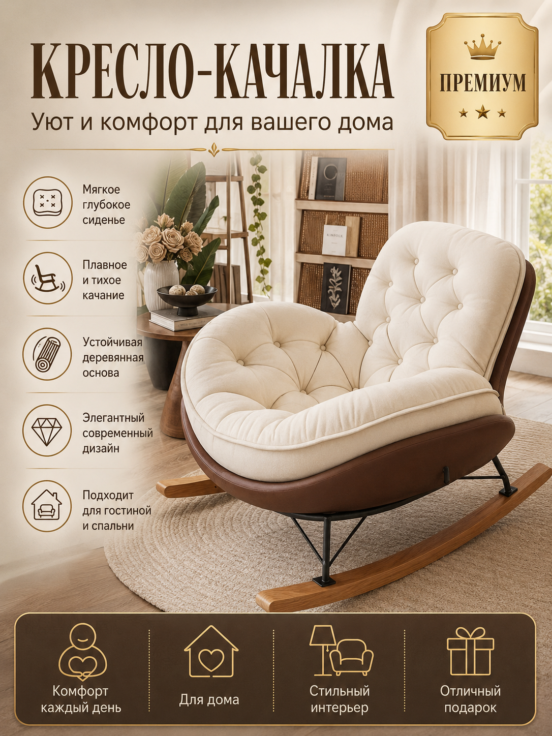 Кресло-качалка, 100х55х72 см, для гостиной и террасы, для отдыха и релаксации