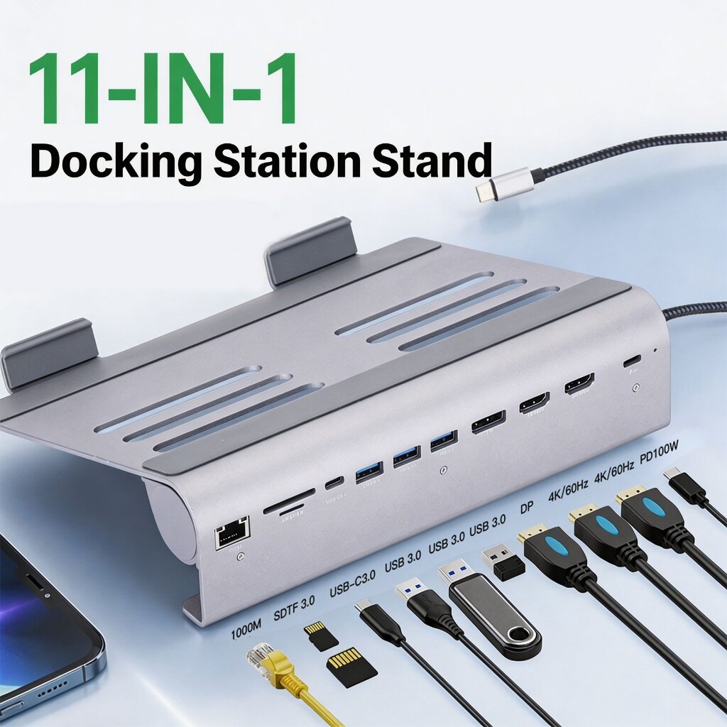 11-в-1 алюминиевая подставка для ноутбука с кардридером, Ethernet и HDMI