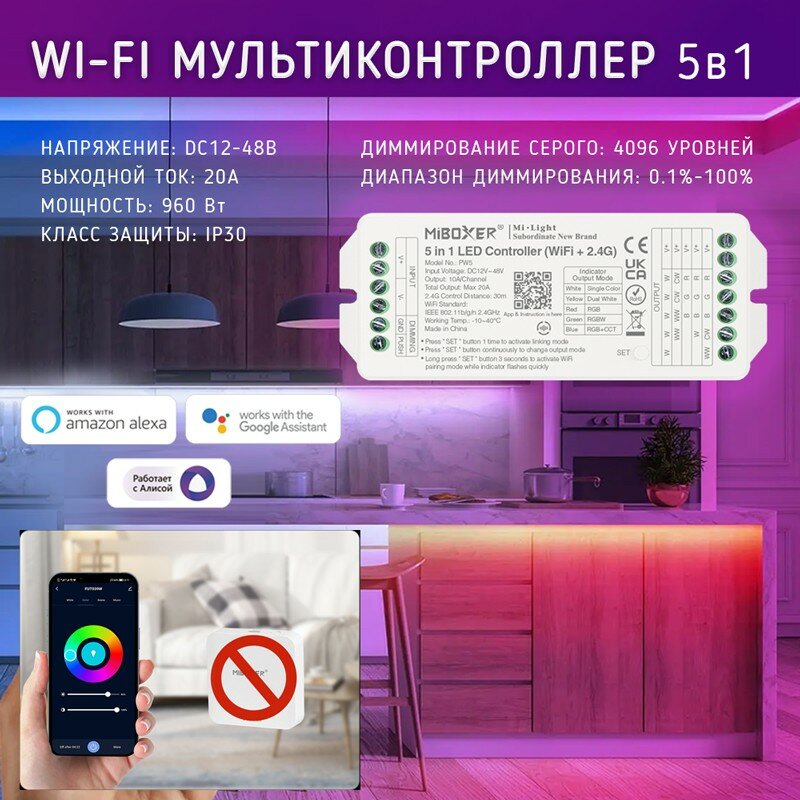 WiFi контроллер с трансмиттером для RGB, RGBW, CCT, RGB+CCT