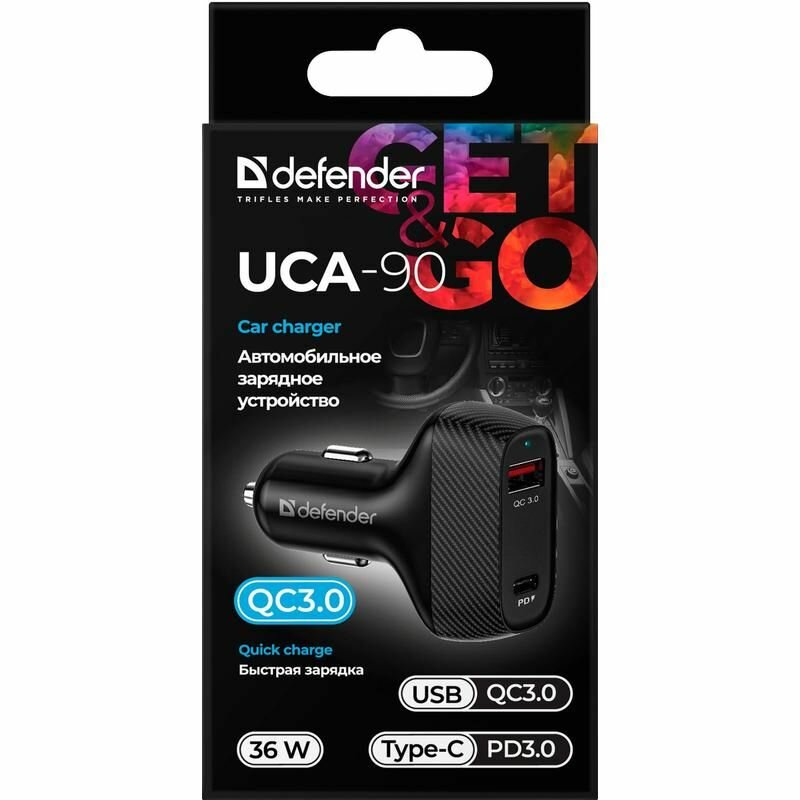 Автомобильное зарядное устройство Defender UCA-90 36W, USB QC3.0, Type-C/PD3.0