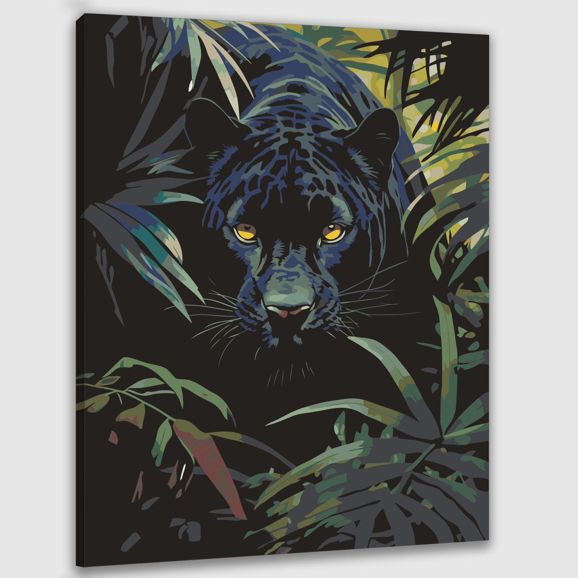 Картина по номерам 40x50 см, пантера, иллюстрация, джунгли, лунный свет, мускулистое тело, листва, глаза, блеск