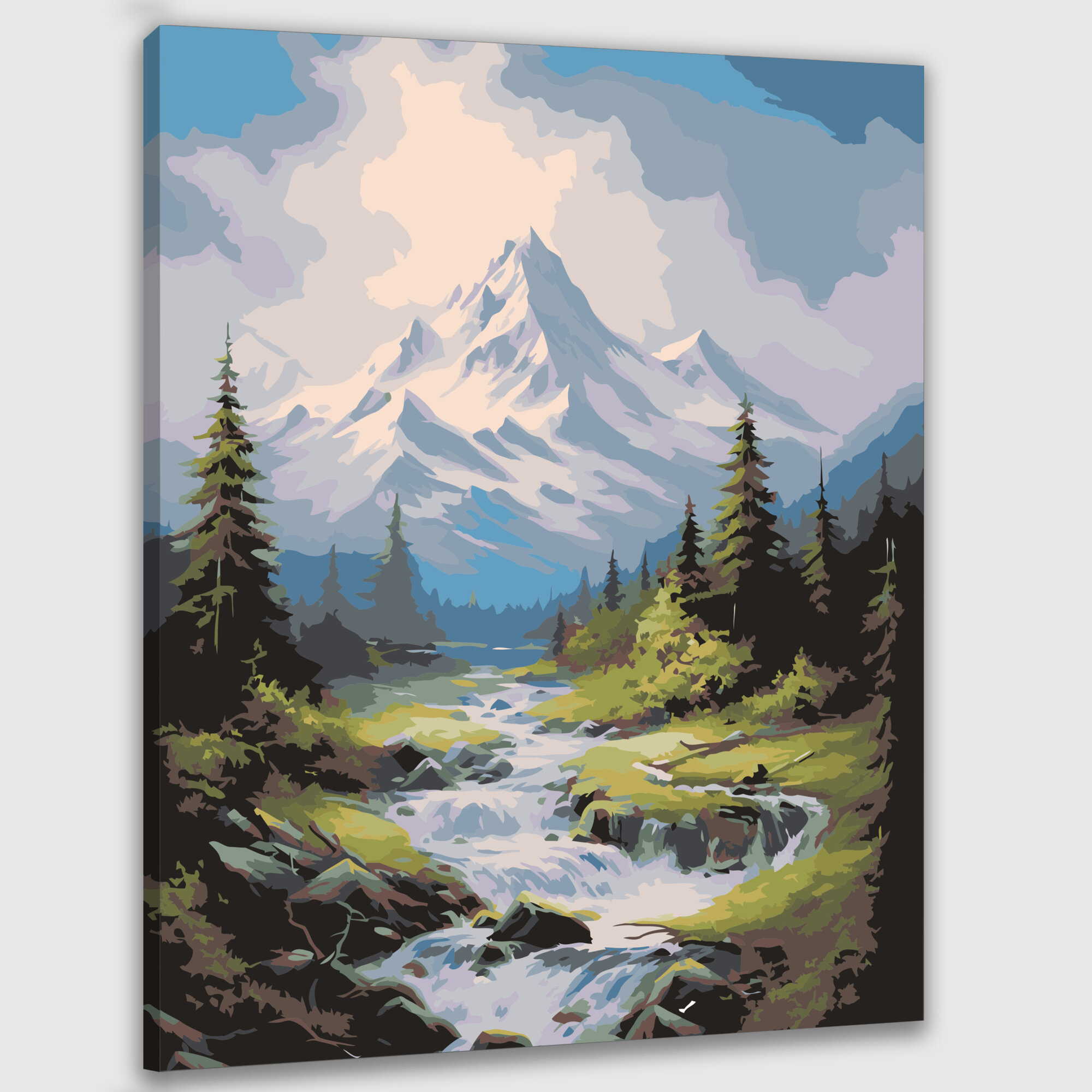 Картина по номерам 40x50 см, картина, масло, пейзаж, горы, вершины, снег, небо, долина, цветы, ручьи, природа, красота