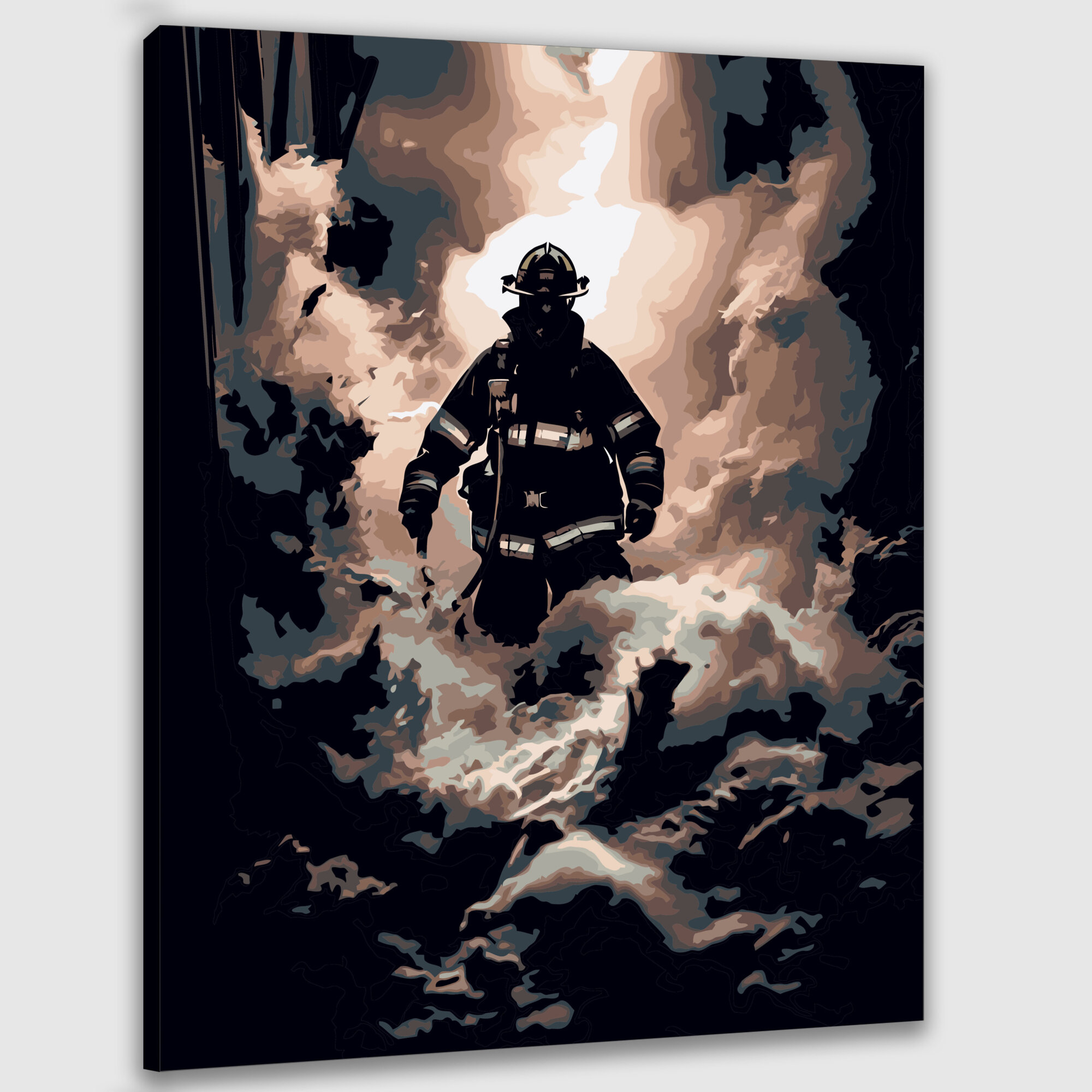 Картина по номерам 40x50 см, пожарный, горящее здание, мужество, самоотверженность, черно-белый, документальный