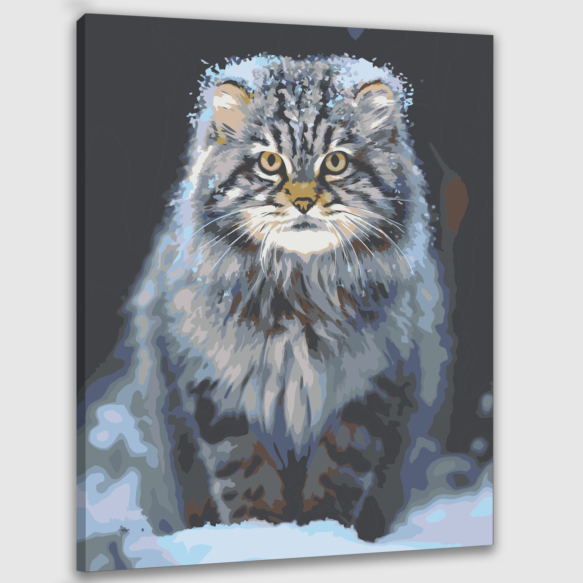 Картина по номерам 40x50 см, манул, мех, заснеженный фон, зимний лес, свет, морда, глаза, отметины, скрытность, ветви