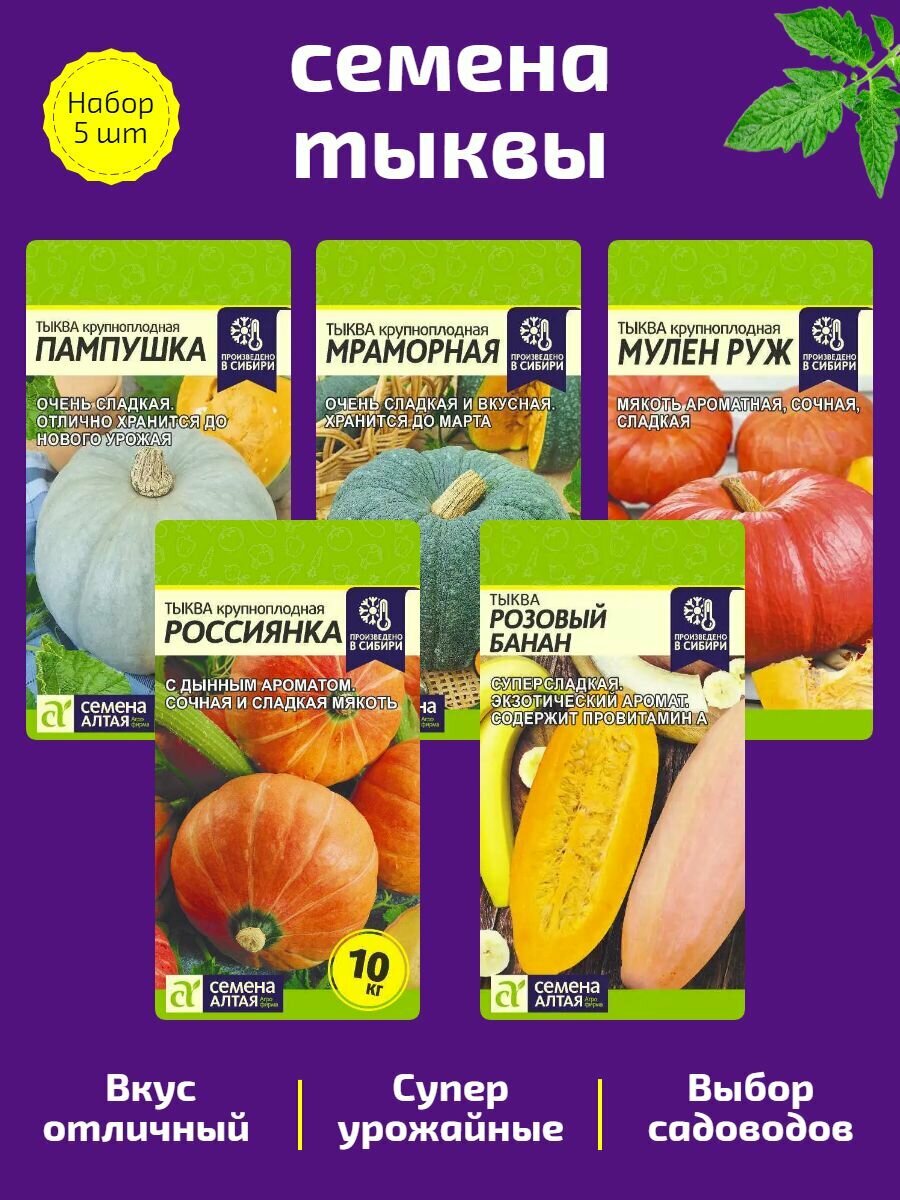 Тыква "Россиянка", "Розовый Банан", "Мулен Руж", "Мраморная", "Пампушка". Набор 5 шт. Семена Алтая.