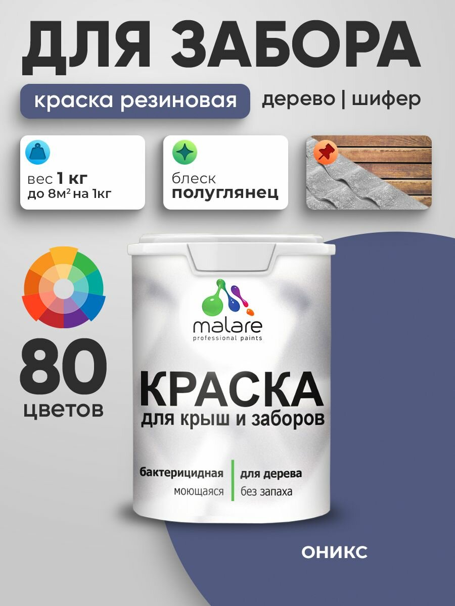 Резиновая краска Malare для деревянного забора/ по дереву для наружных и внутренних работ/ быстросохнущая моющаяся без запаха полуглянцевая, оникс, 1 кг.