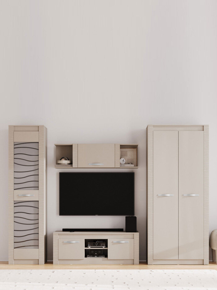 Гостиная комплект Далия, навесной шкаф, ТВ тумба, витрина, шкаф для одежды, 288х51х220 см, Кашемир