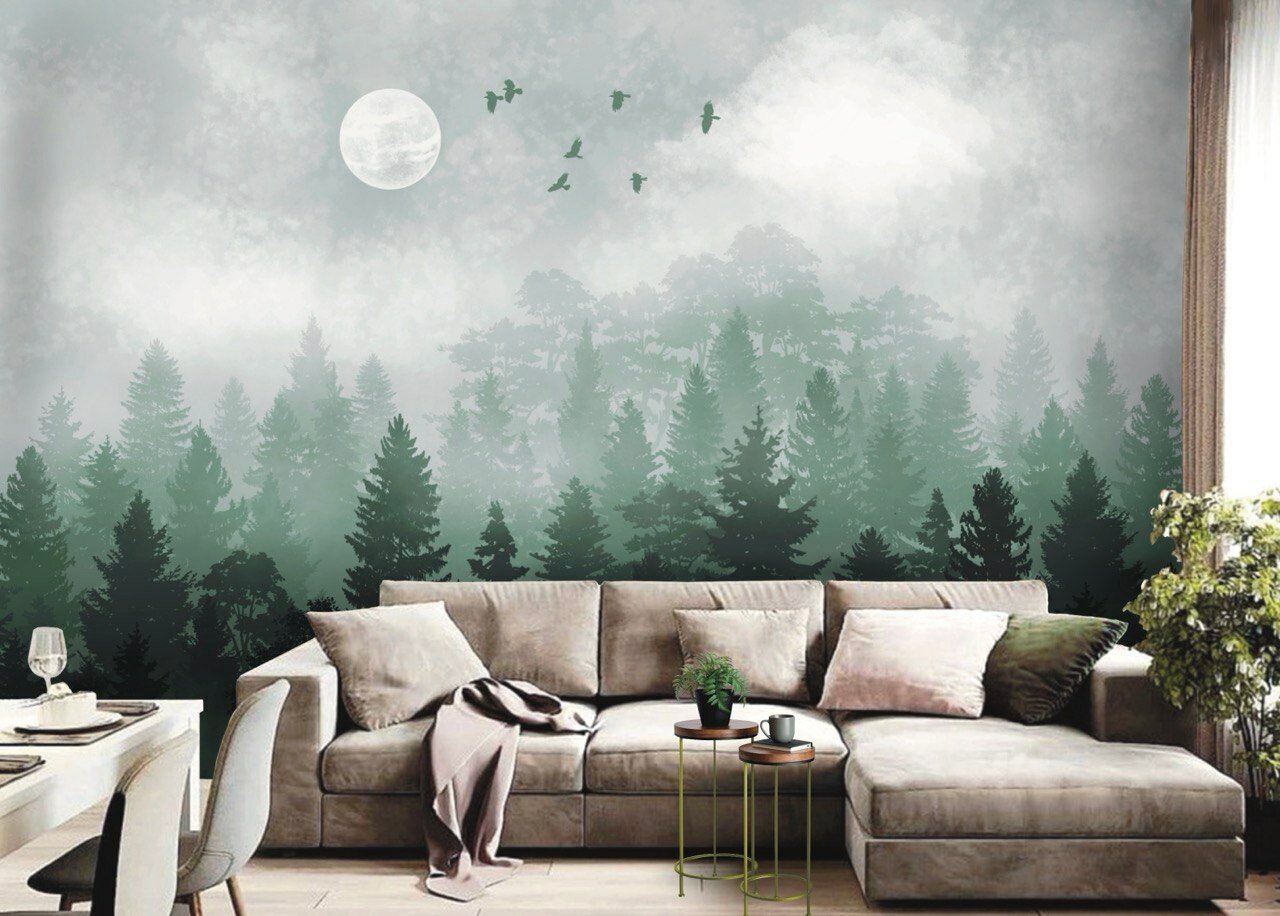 Обои бесшовные "Туманный лес" изумрудно-зеленый (ширина 2750мм х длина 5000мм)