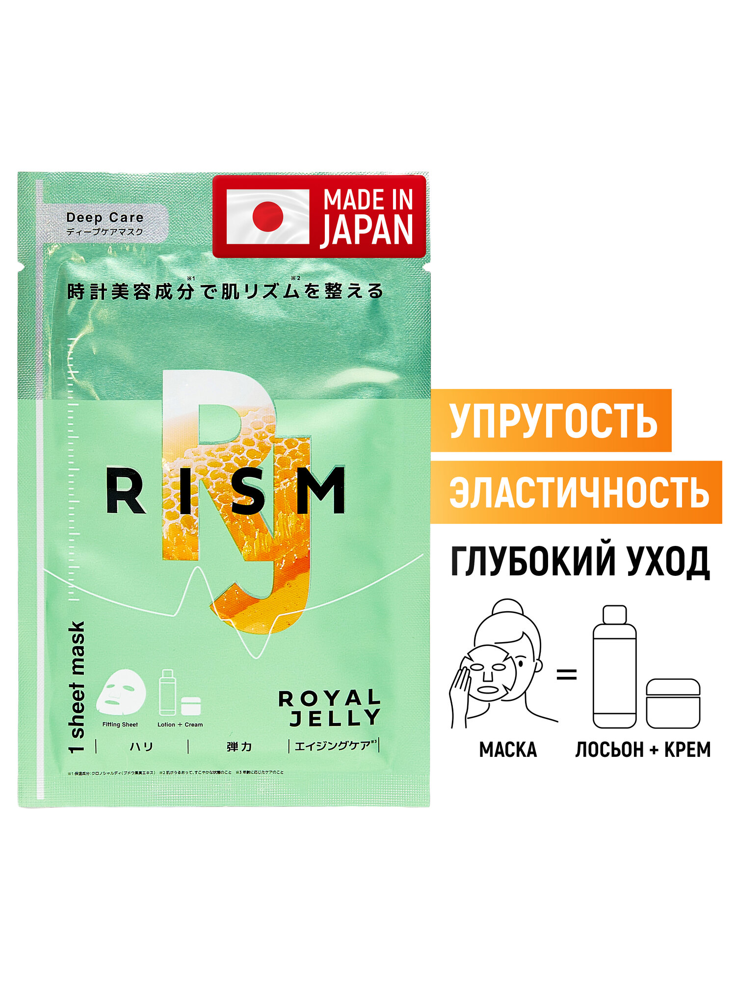 RISM Японская маска для лица тканевая / Повышение упругости кожи, против морщин, лифтинг эффект / с маточным молочком, 1 шт