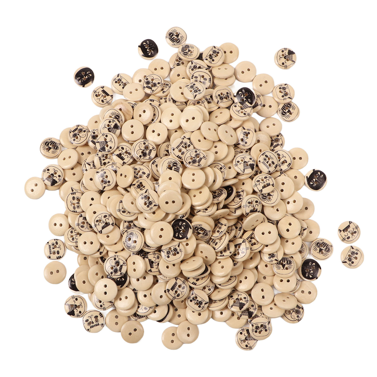 500 деревянных пуговиц с двумя отверстиями, круглые, декоративные, с рисунком мультяшной кошки, разные породы дерева, для детской одежды, сумок, рукоделия, 15 мм, оригинальный цвет, черная линия.