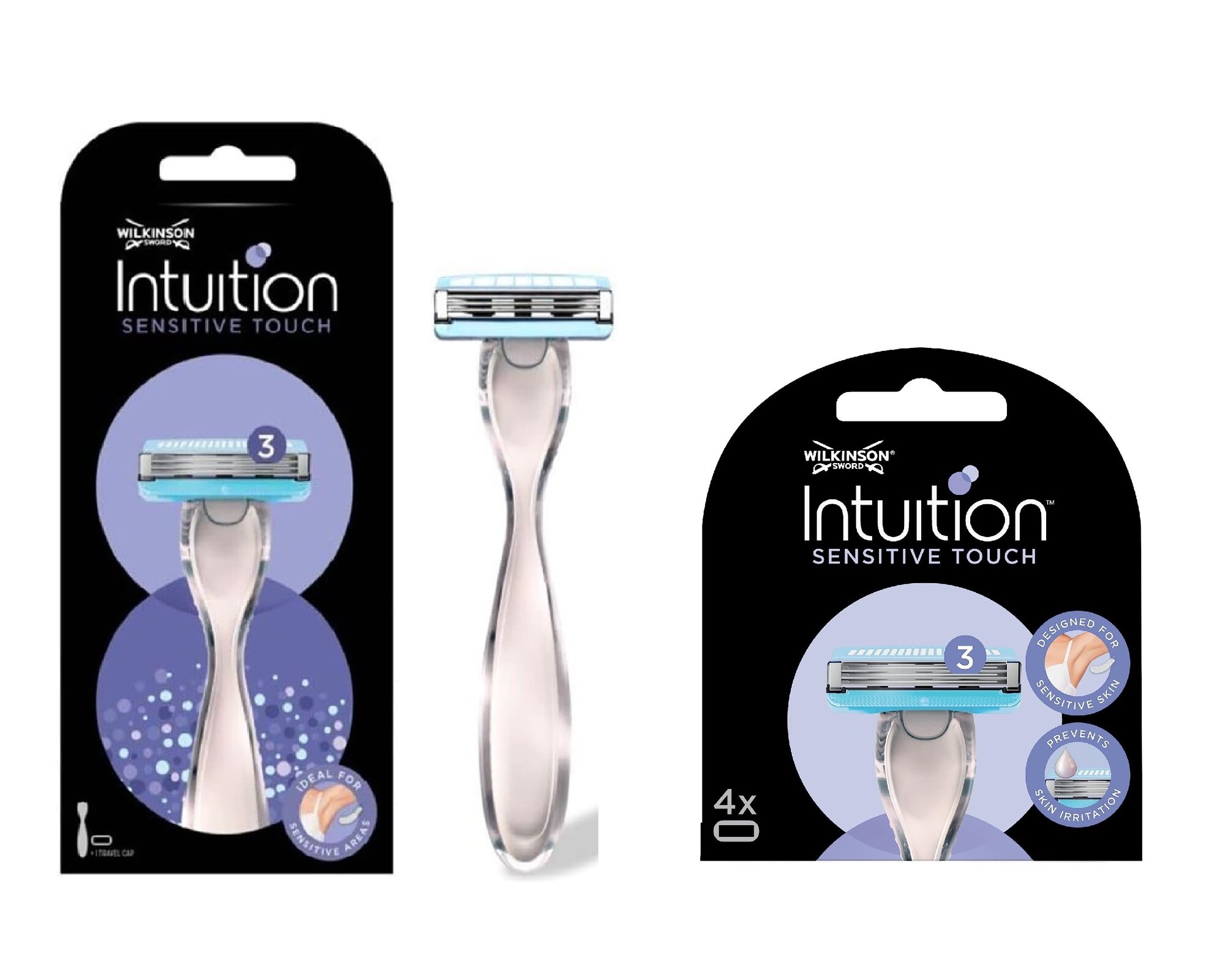 Wilkinson Sword Intuition Sensitive TOUCH / Бритва женская с 1 сменной кассетой (3 лезвия) + упаковка кассет 4 шт.