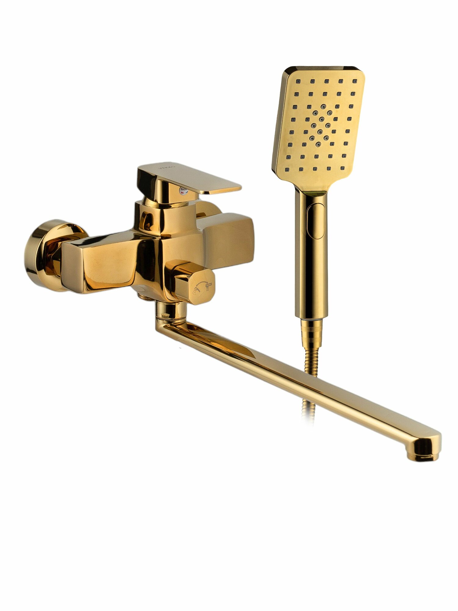 Смеситель для ванны с лейкой и длинным изливом, золотистый глянец