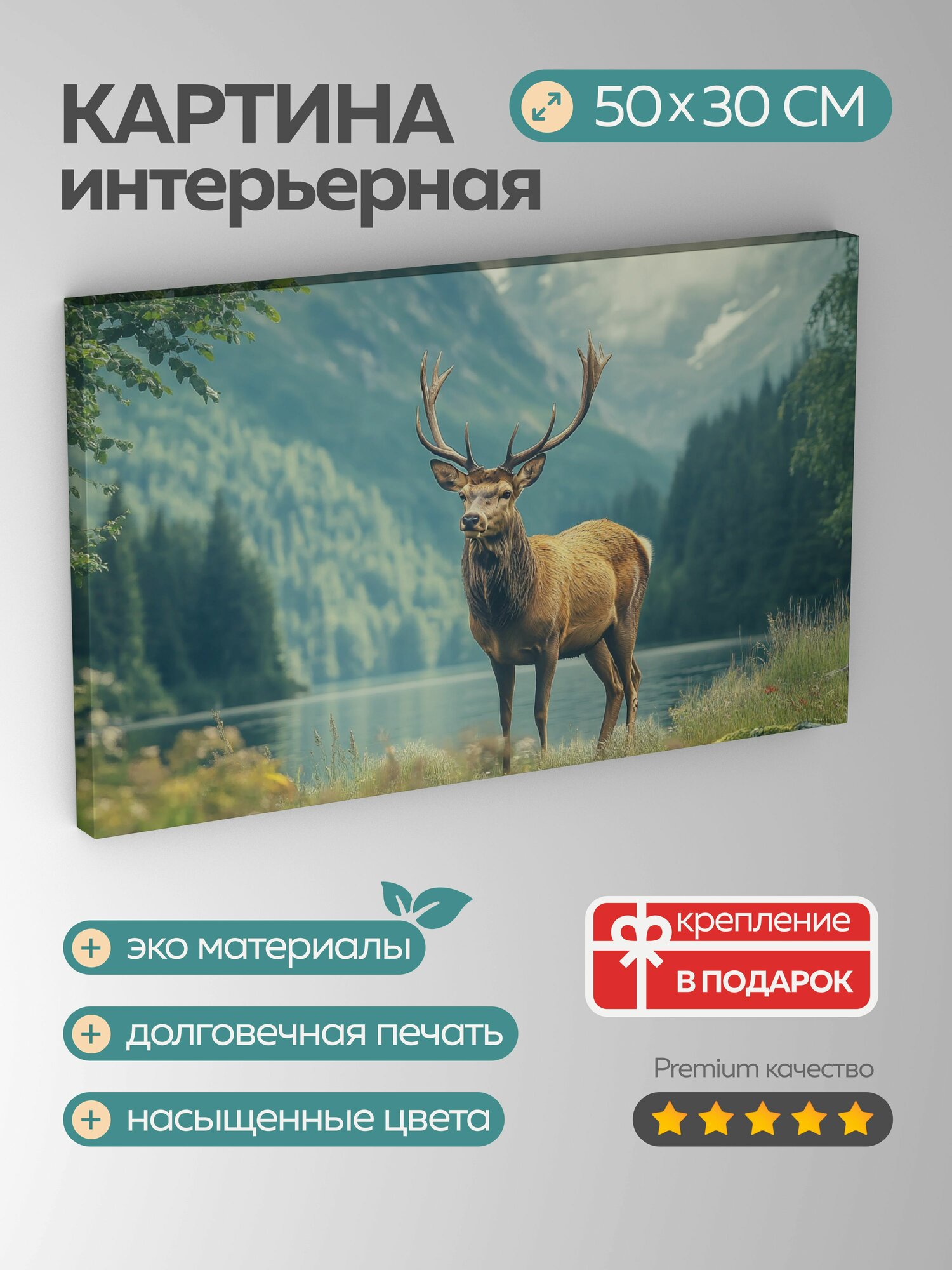 Картина на холсте интерьерная 50х30 см, Олень, природа, телеобъектив, рога, мех, зеленая, дикая, фотография, масштаб.