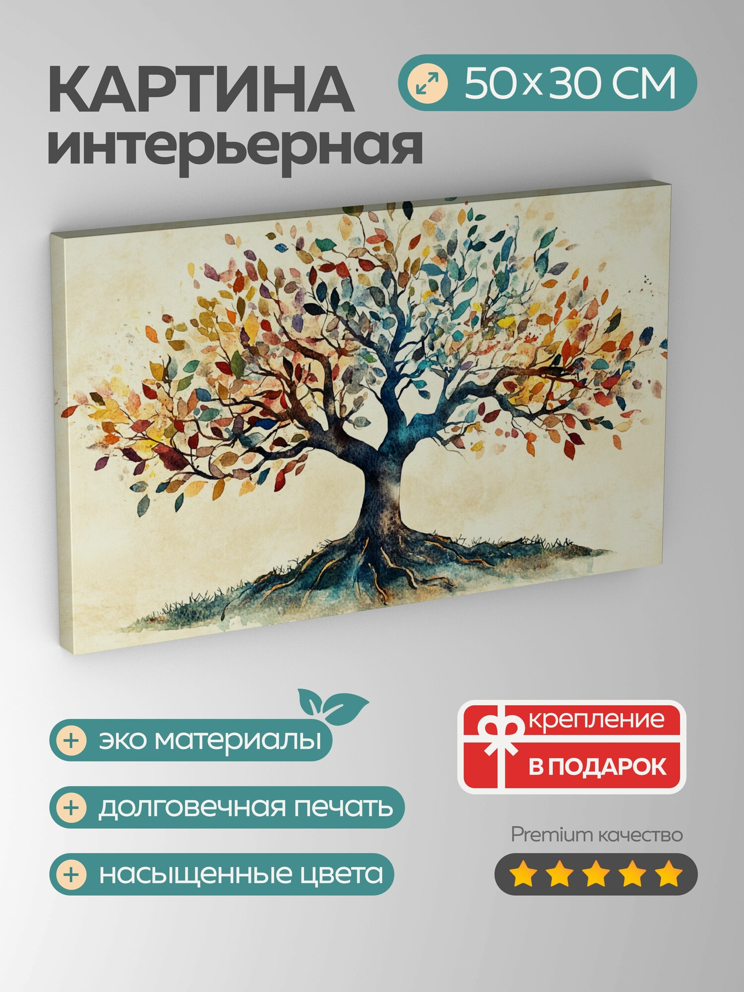 Картина на холсте интерьерная 50х30 см, акварель, иллюстрация, генеалогическое древо, листья, цветы, взаимосвязь, корни