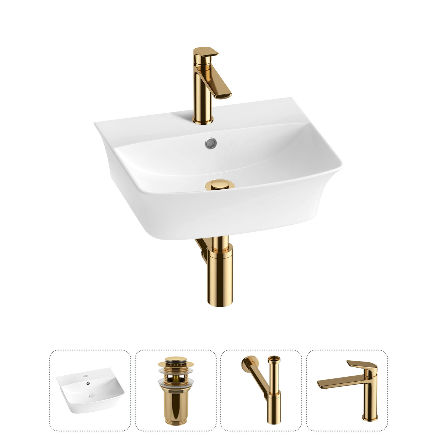 Подвесная или накладная раковина в ванную комнату Lavinia Boho Bathroom Sink 20216759R в наборе 4 в 1: раковина 45 см в цвете белый глянец, донный клапан, сифон, смеситель