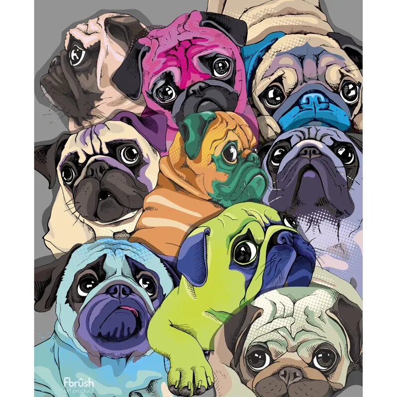 Картина Fbrush "Мопсы", 40х50 см, холст, хлопок, без рамы, разноцветная, термоусадочная пленка