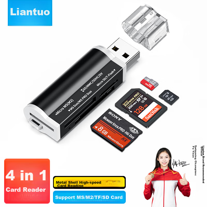 Liantuo USB High-Speed SD/TF/MS/M2 Card Multi-Function Reader, Compatible with Camera Memory Cards, Dash Cam, Drone, Computer, Handheld Memory Cards, Metal Card Reader
