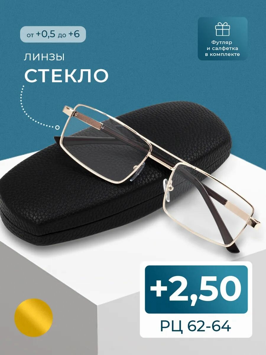 Мужские очки для чтения металл (+2.50) с футляром, мост 123 M1, линза стекло, цвет золотой, стигматические, РЦ62-64