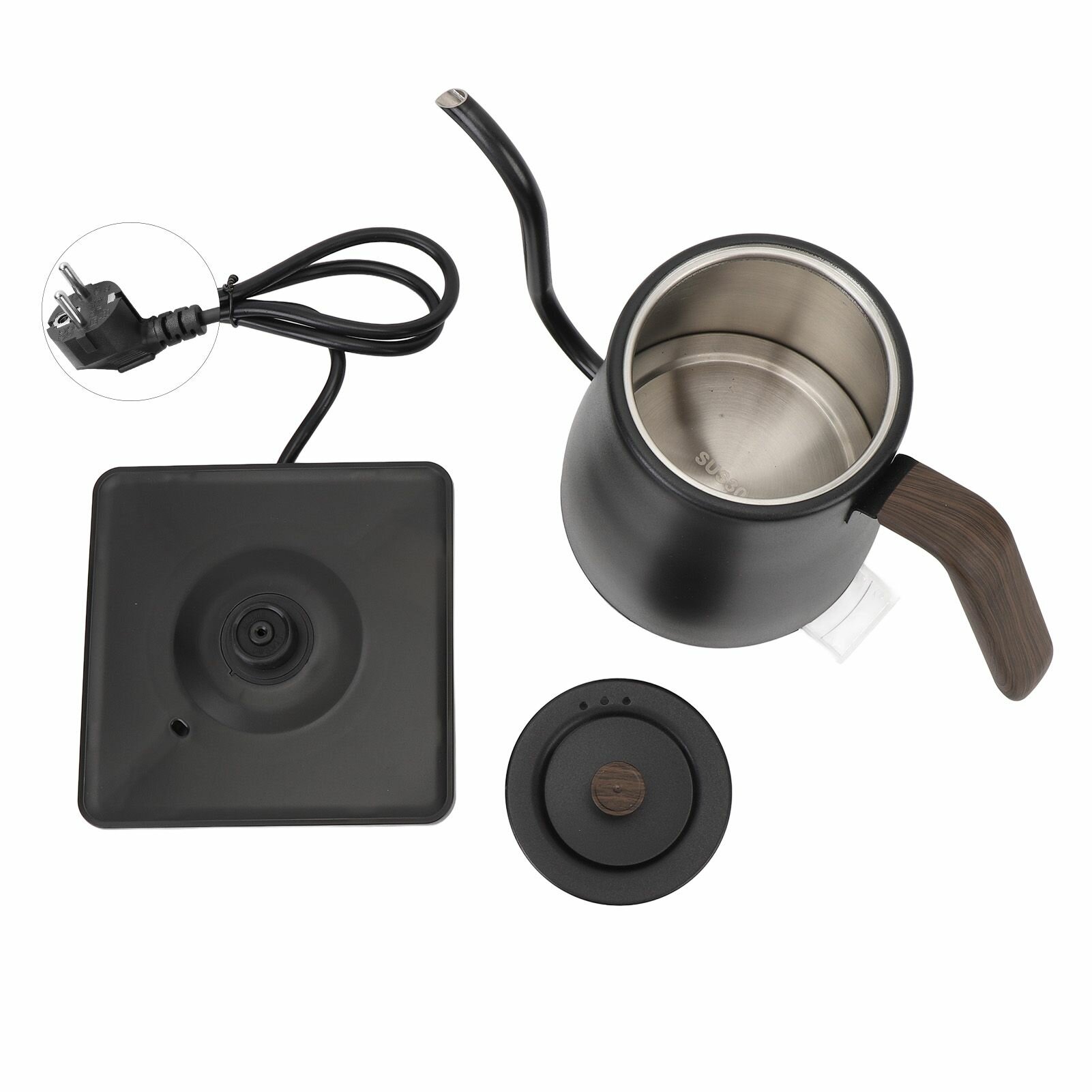 Электрочайник с длинным носиком, нерж. сталь, черный с деревянным принтом, евровилка