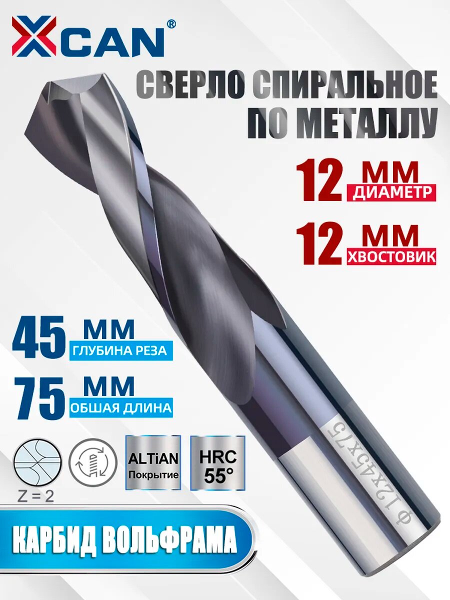 Сверло спиральное твердосплавное покрытие, 12х45х75мм