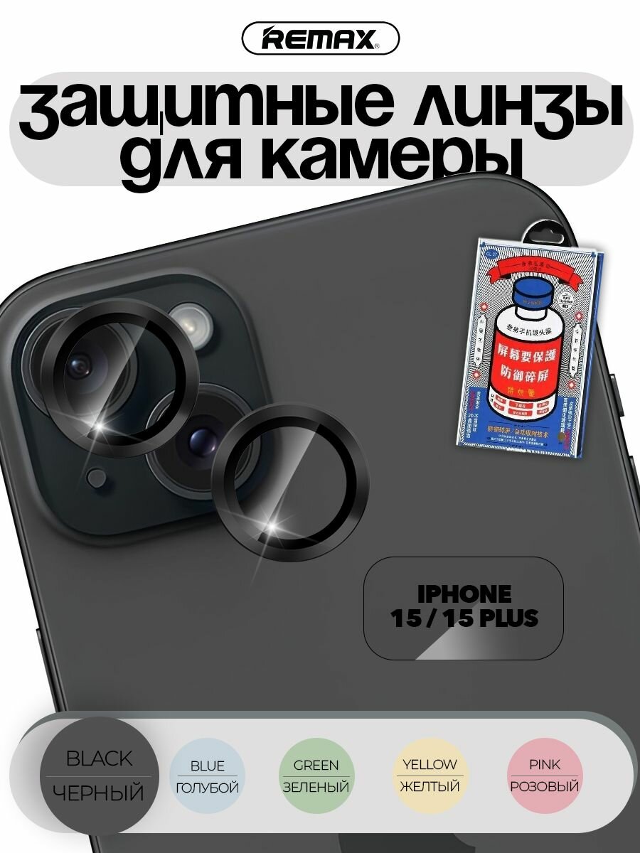 Линзы для камеры iPhone 15 / 15 Plus (для цвета черный / Black), REMAX GL-27, черные линзы