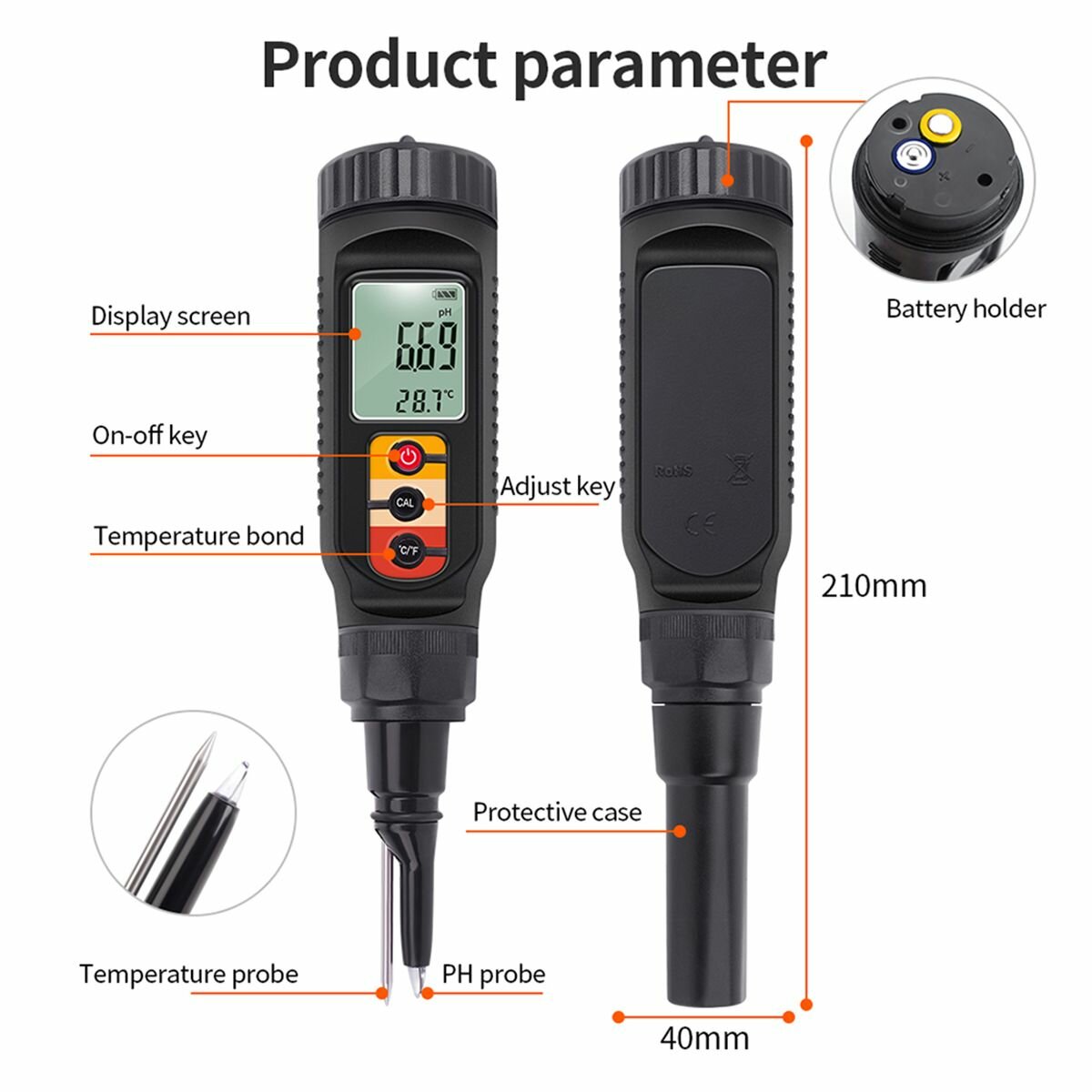 Цифровой пищевой pH-метр 0,00-14,00 pH-тестер кислотности температуры теста, почвы, детектор pH для мяса, сыра, хлеба, анализатор