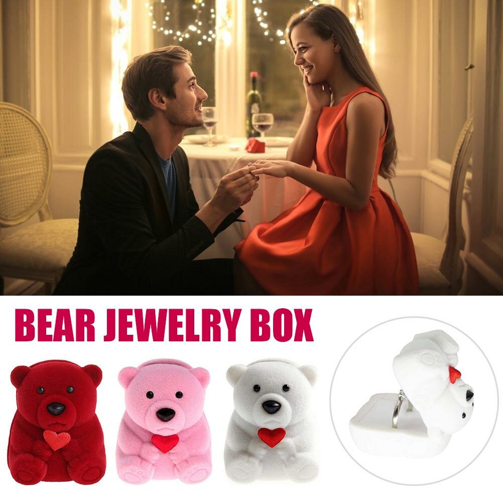 Шкатулка для драгоценностей, флокированная коробка для хранения ювелирных изделий в форме медведя, коробка для колец, подарочный держатель, чехол для хранения, подарочная коробка для предложения, помолвки, свадьбы