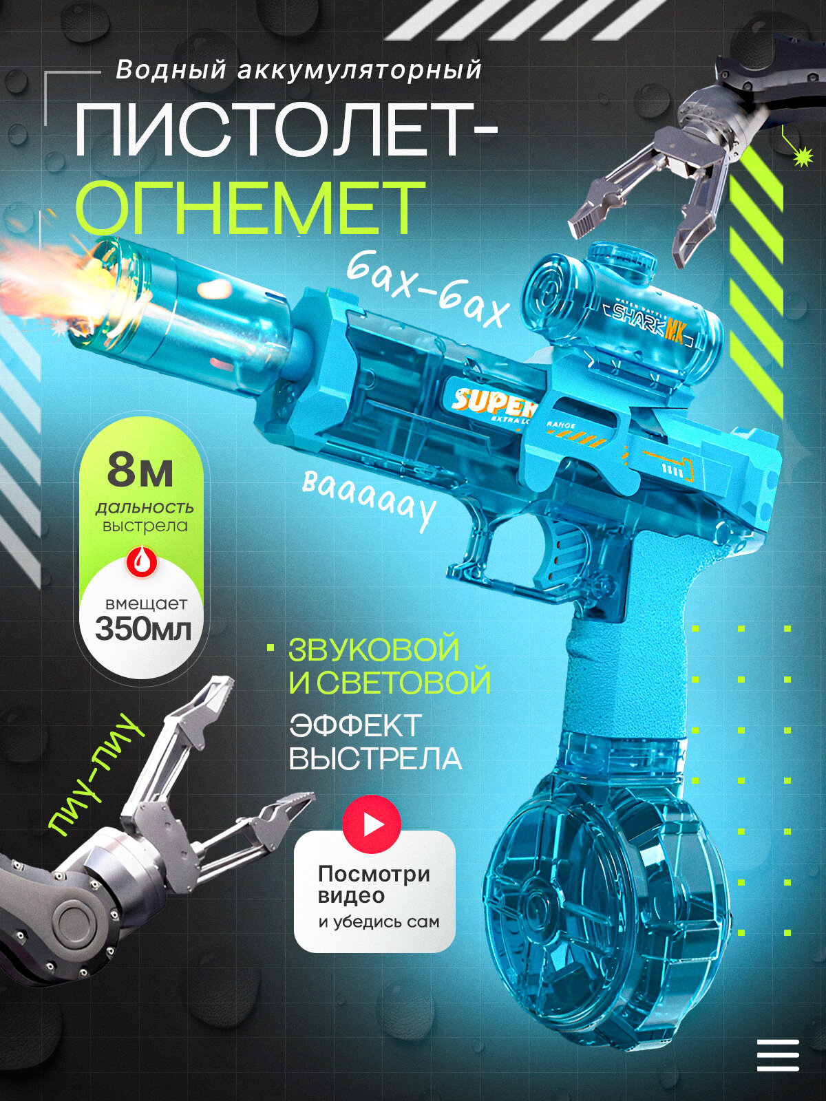 Электронный водяной пистолет 2025 – автоматическая стрельба, LED-подсветка, для детей и взрослых