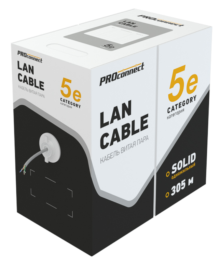 Кабель информационный PROconnect / Проконнект Indoor solid 24AWG 4PR, витая пара, медь ПВХ серый, U/UTP, cat5e, 4 пары, 5.1мм, 305м / электрика