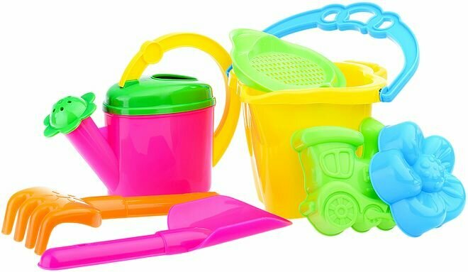 Песочный набор № 114, в комплекте ведерко 0,6 л, лейка, сито, 2 формочки, лопатка и грабли, детские пластиковые игрушки для песочницы
