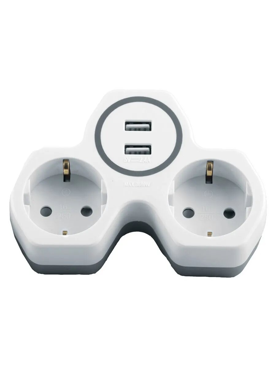 Разветвитель сетевой 2-местный с/з 16A USB