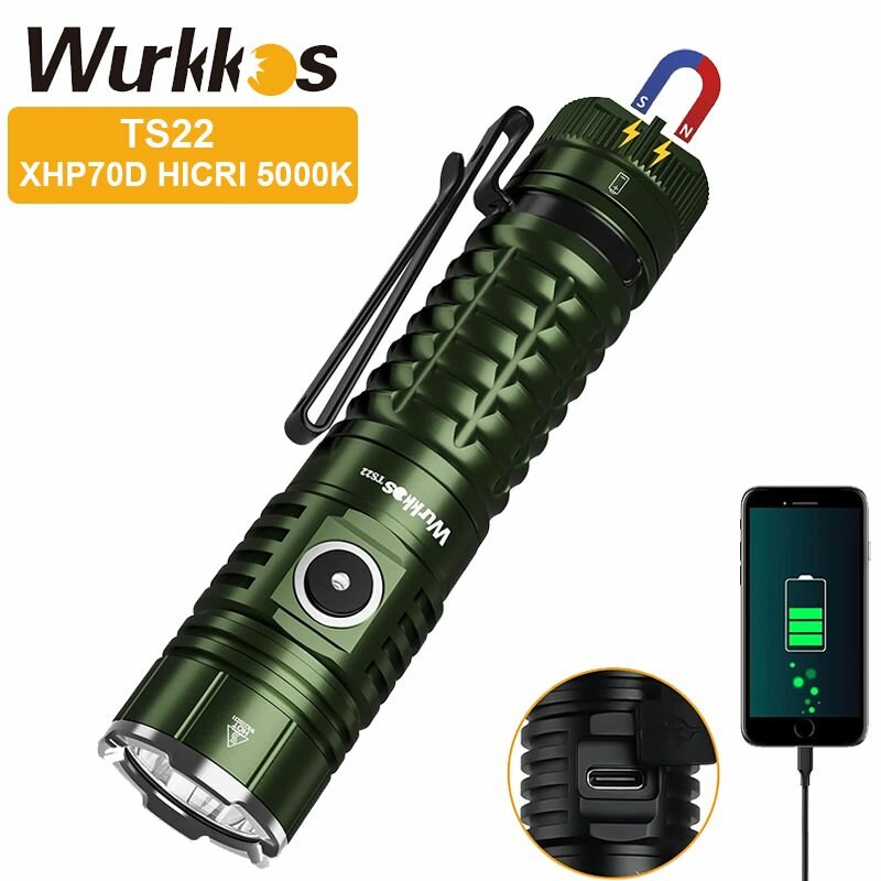 Wurkkos TS22 Фонарь 4500 Люмен XHP70D HICRI LED лампа, IP68 Водонепроницаемый магнитный фонарь, Внешний аккумулятор, Зеленый 5000K