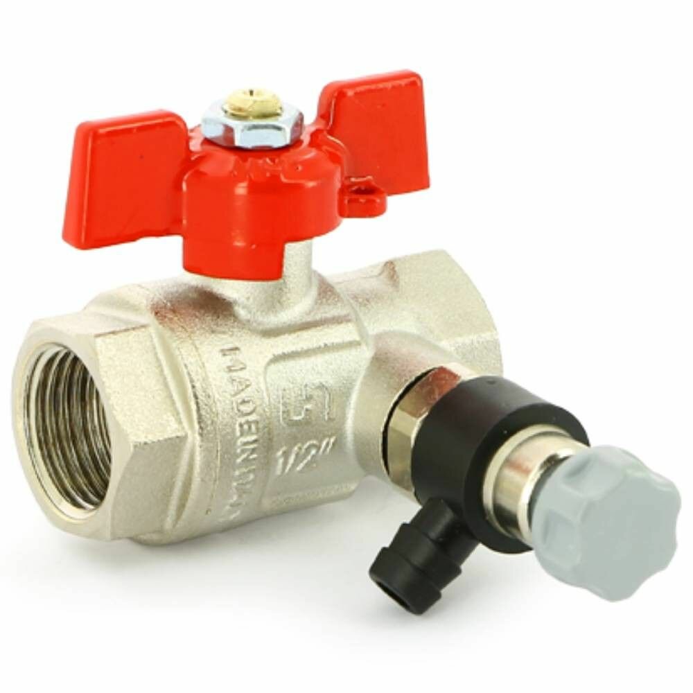 Кран Uni-Fitt шаровой ВВ 1/2" с дренажным вентилем (заглушка 1/4"), бабочка