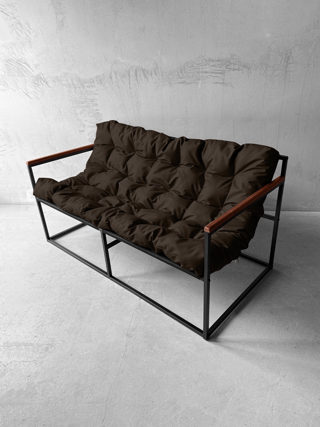 Диван мягкий удобный для отдыха, уличный, на балкон, на веранду, в стиле лофт, минимализм, Комфи ++ кожзам коричневый