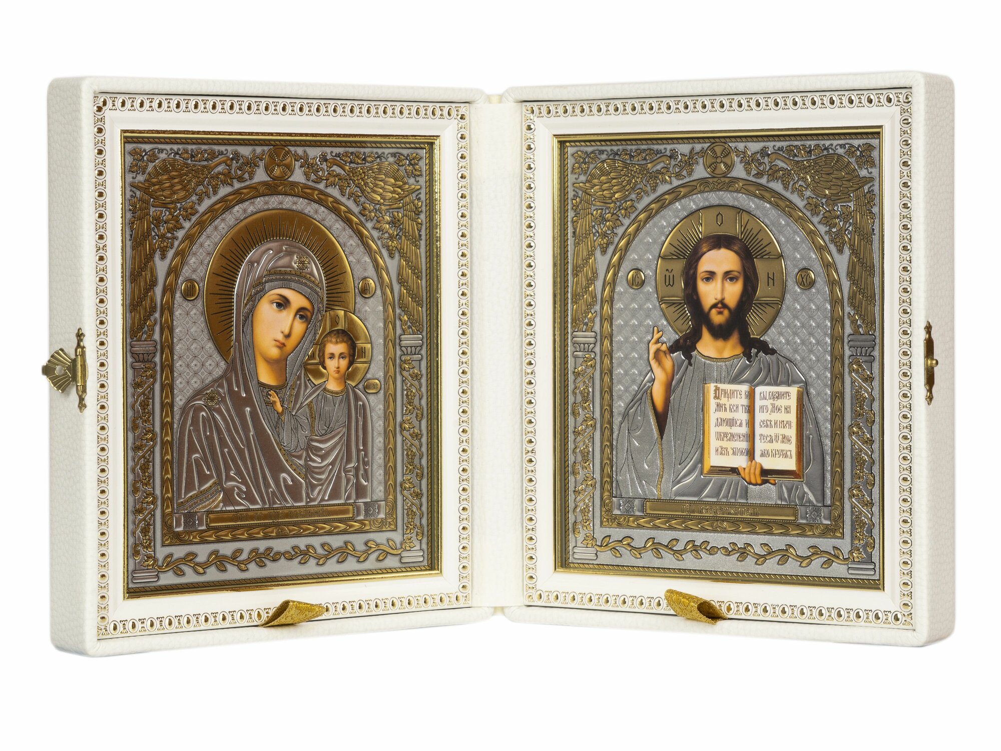 Складень венчальный, белая кожа, узорные вышитые уголки и крест (арт. 17408)