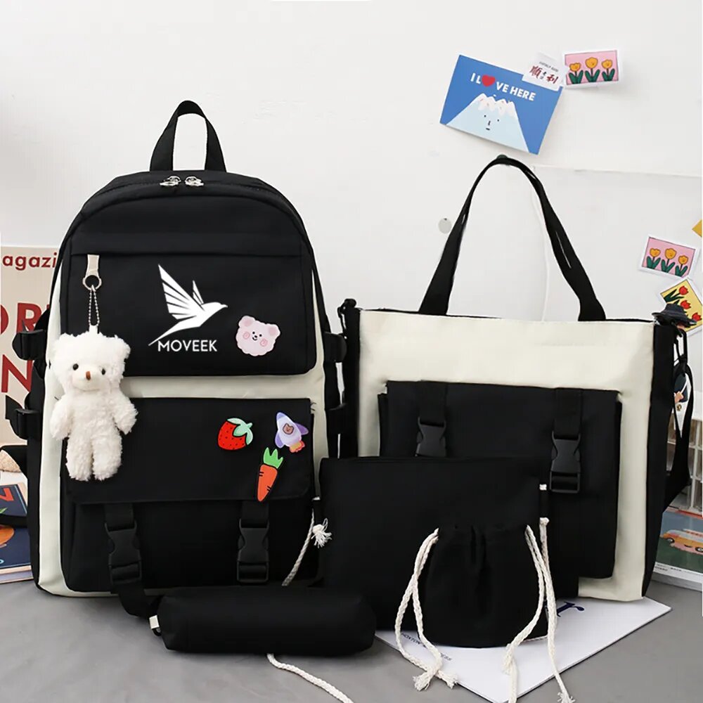 Рюкзак школьный, комплект из 5 сумок, игрушка и значки в подарок черный