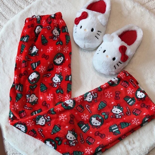 Пижамные штаны Sanrio Hello Kitty, черные, розовые, фланелевые, с рисунком аниме, женские, теплые, шерстяные, белые, повседневные, домашние, осенние, для девочек, Size, XL 57-67kg