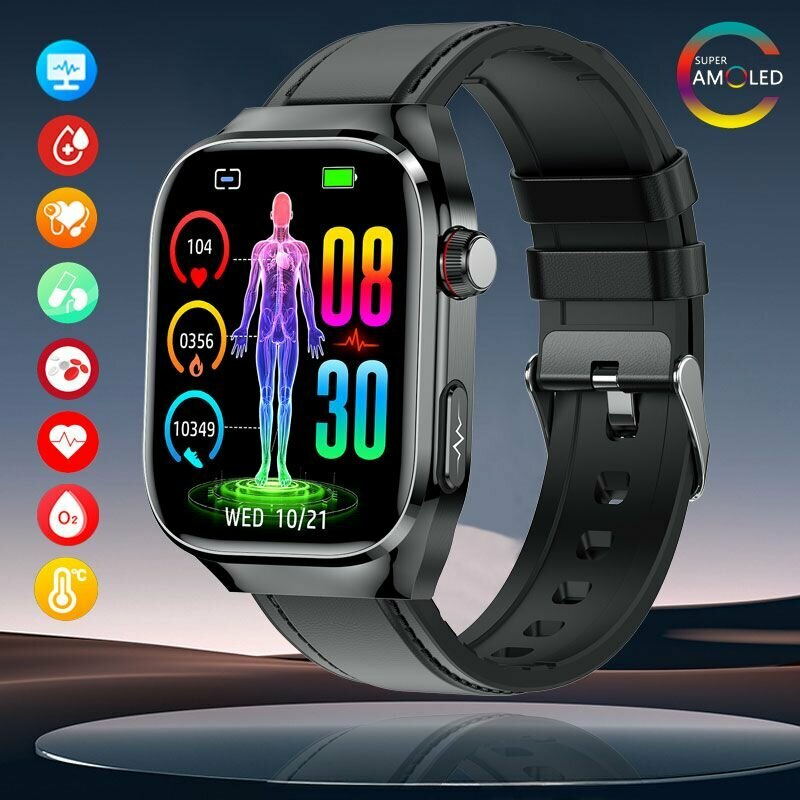 SACOSDING Cмарт часы мужские женские с функцией измерения уровня сахара в крови, давления, ЭКГ, PPG+HRV,