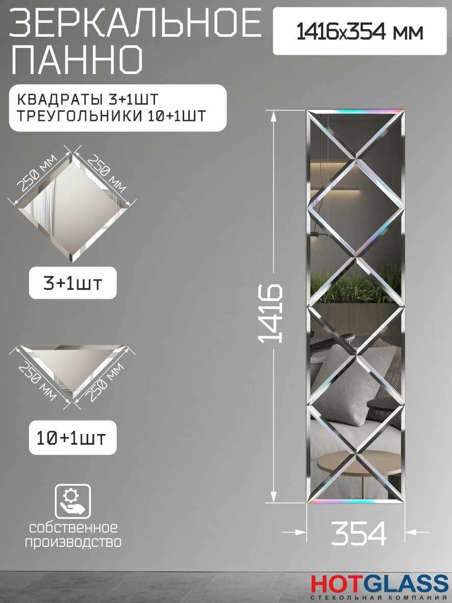 Зеркальное панно на стену 142 х 35 см, зеркальная плитка 25 см с фацетом HOTGLASS