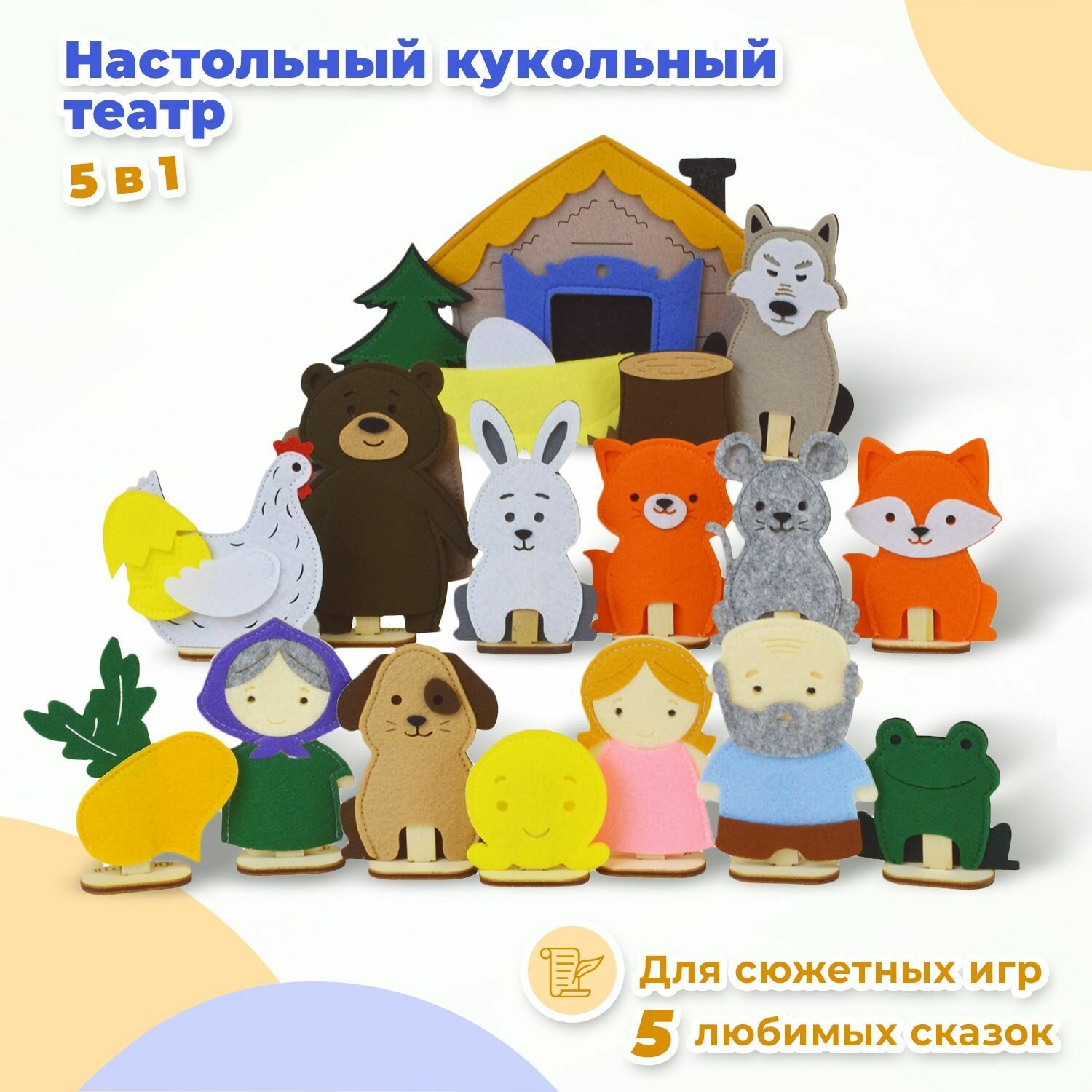 Пальчиковый кукольный театр из фетра "Колобок, Репка, Курочка Ряба, Теремок, Маша и медведь" 5 в 1, детский сюжетно-ролевой набор с фигурками, развитие воображения и координации. Товар уцененный
