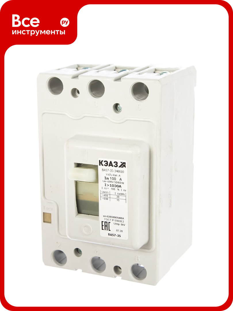 Автоматический выключатель КЭАЗ ВА57-35-340010-100А-1000-690AC-УХЛ3- 108566 силовой трехполюсный монтаж