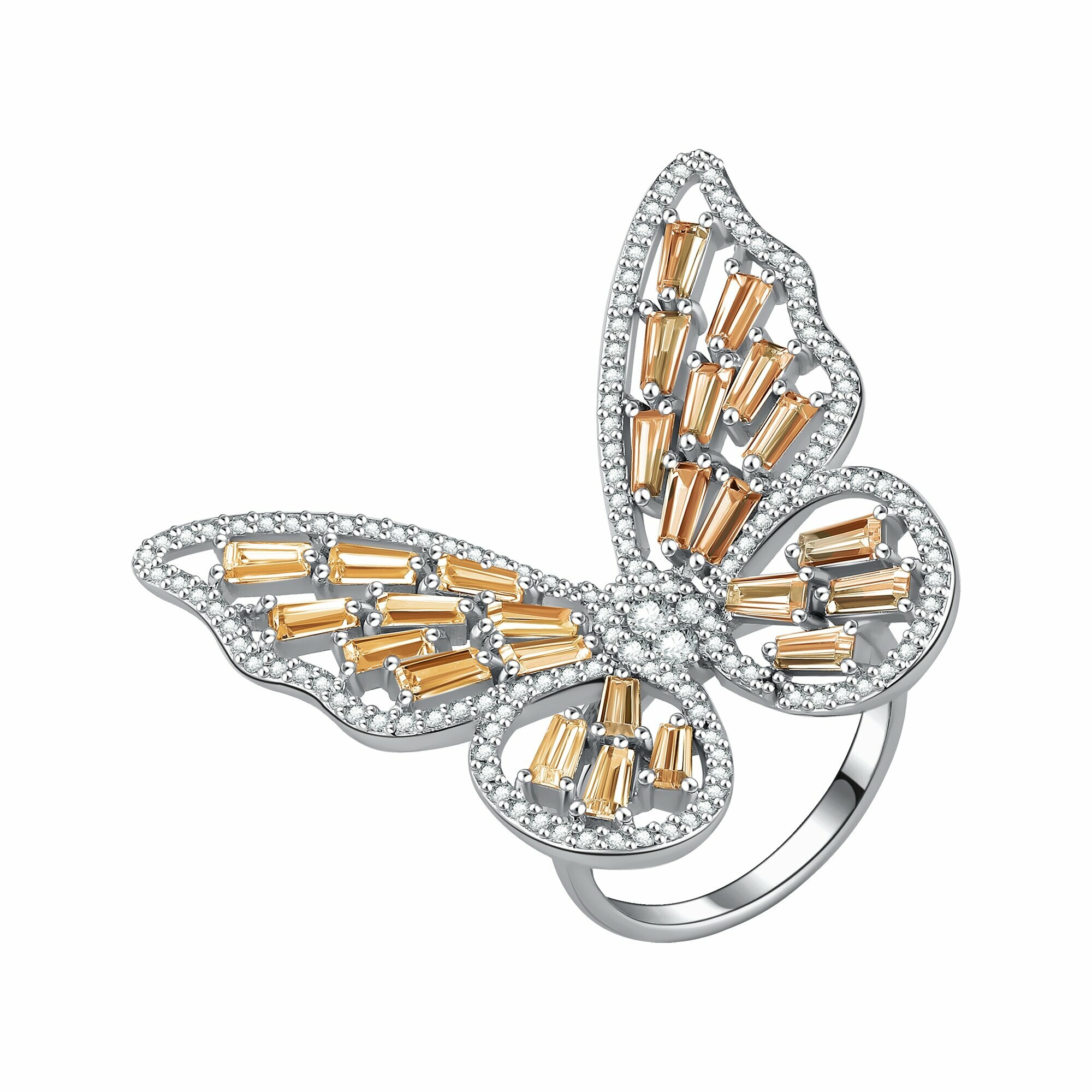 Кольцо, серебро, 925 проба, родирование, кварц, фианит