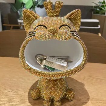 Статуэтка интерьерная золотой кот в современном стиле, декоративная подставка для мелочей, конфетница