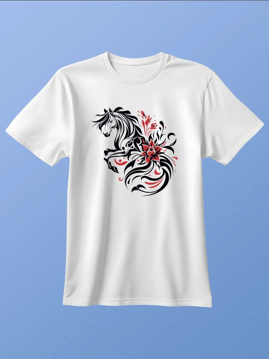 Футболка с принтом лошадь и цветы славянский узор