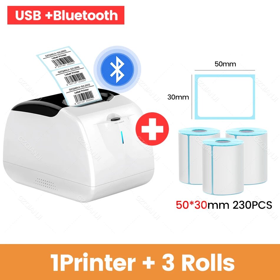 GZQIANJI Термальный принтер этикеток 58 мм Европейская вилка (EU Plug), USB BT Add 3Rolls A