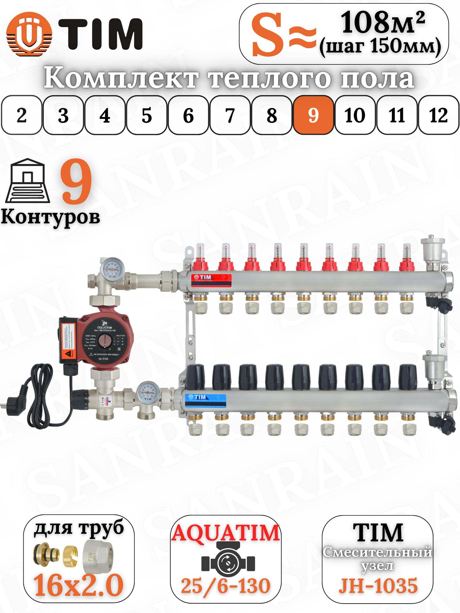 Комплект теплого пола TIM (Коллектор 9 выходов с расходомерами 1" - 3/4" + узел JH-1035 + насос 25-60 130 + евроконусы)