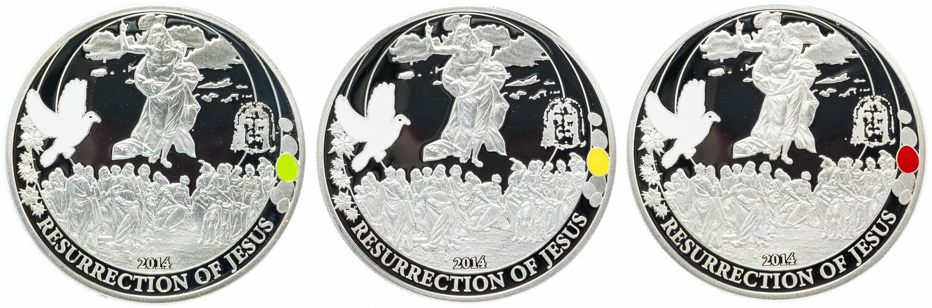 Палау 2 доллара 2014 пасхальный набор из 3-х монет "Библейские истории - Воскресение Иисуса Христа", в футляре с сертификатом, Серебро 925, в сохранности Proof